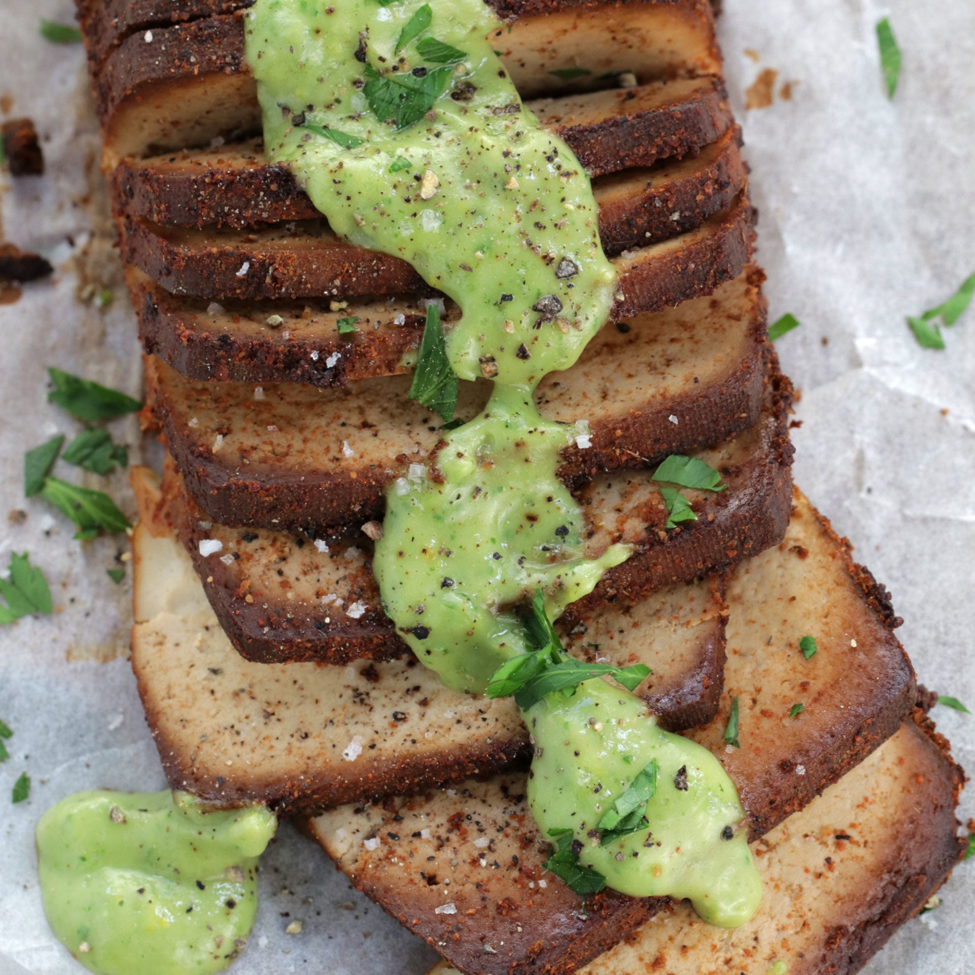 Roasted Hasselback Tofu with Creamy Avocado Sauce - Easy Vegan Meal Plan