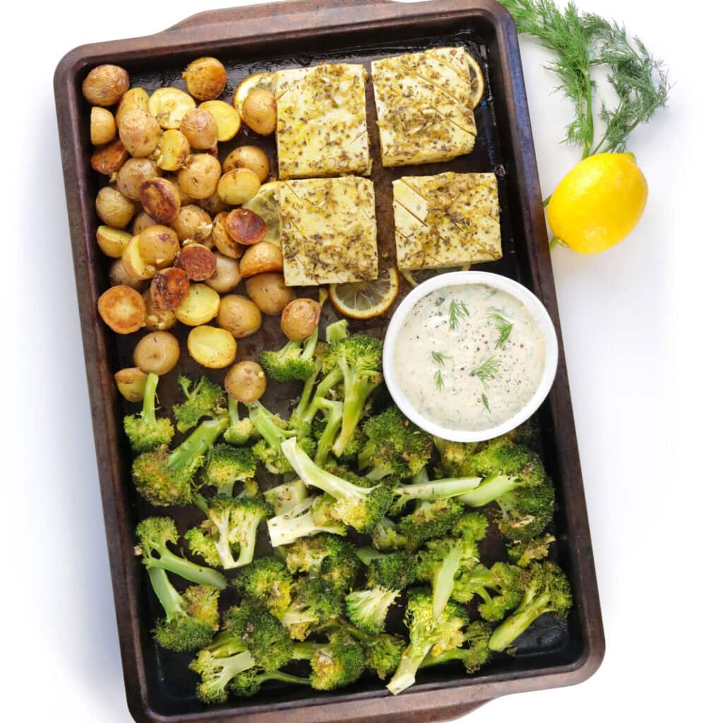Vegan Sheet Pan Lemon Garlic Tofu Dinner - Easy Vegan Meal Plan